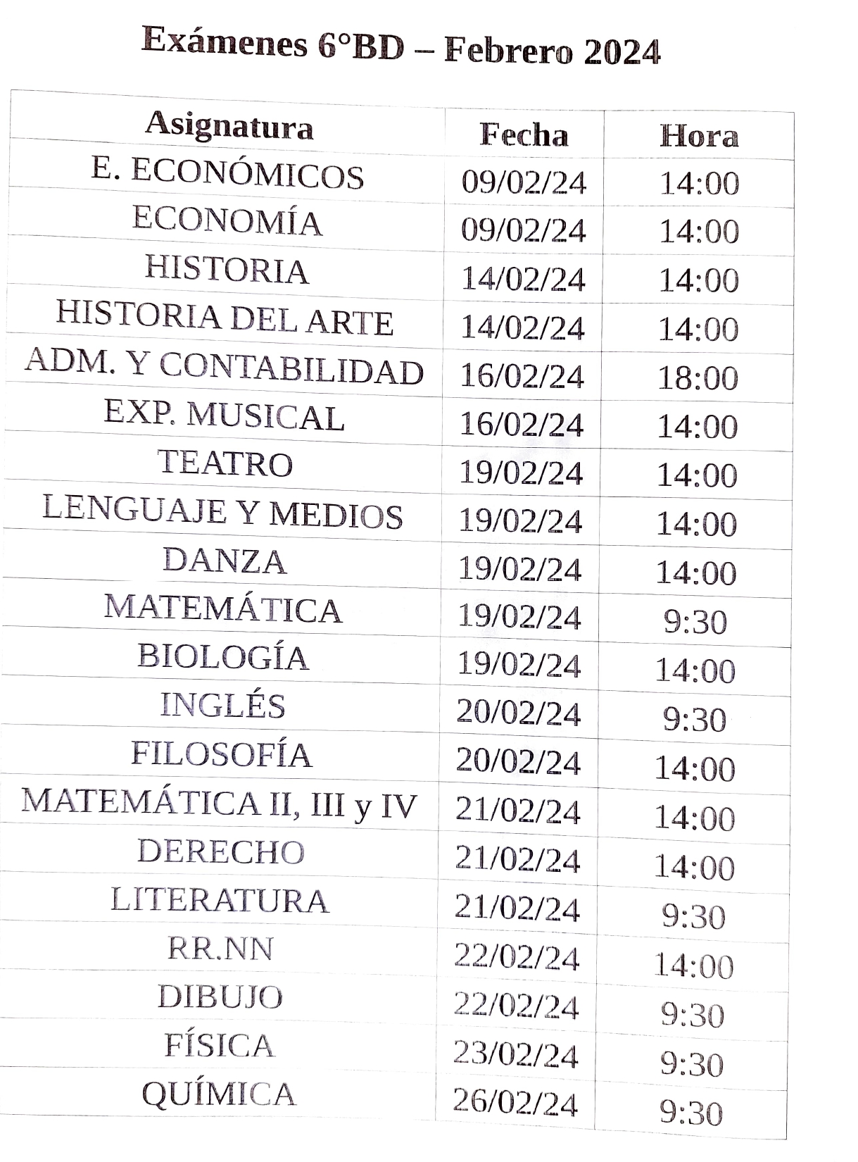 CALENDARIO EXAMENES FEBRERO 2024 MATUTINO y VESPERTINO :: Liceo N°1 de Atlántida